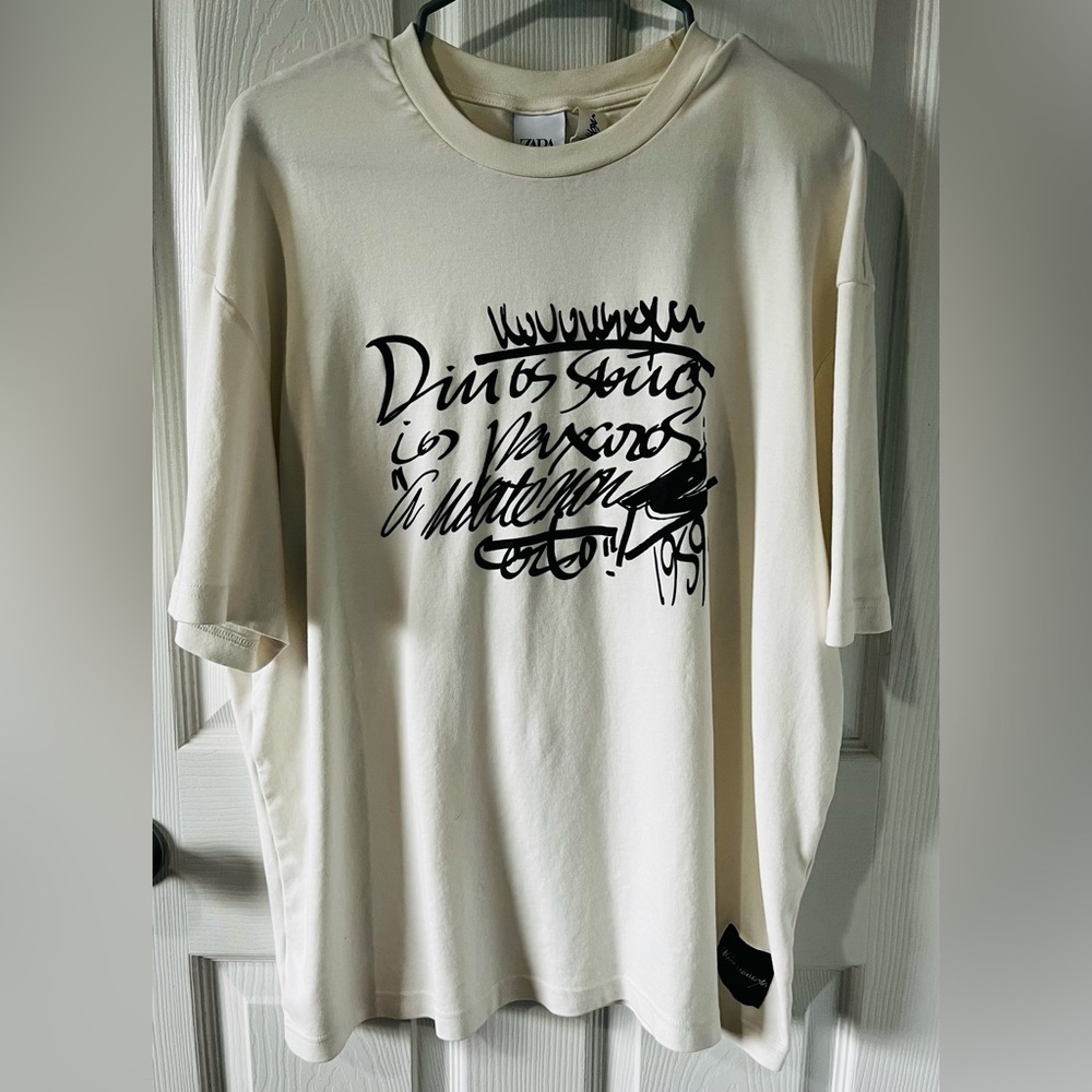 Zara Graphic Print T-Shirt. Sz Xl. Cream With Black P… - Gem